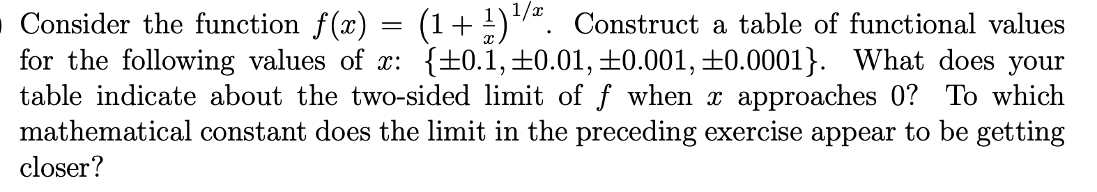 Solved Consider the function f(x)=(1+x1)1/x. Construct a | Chegg.com