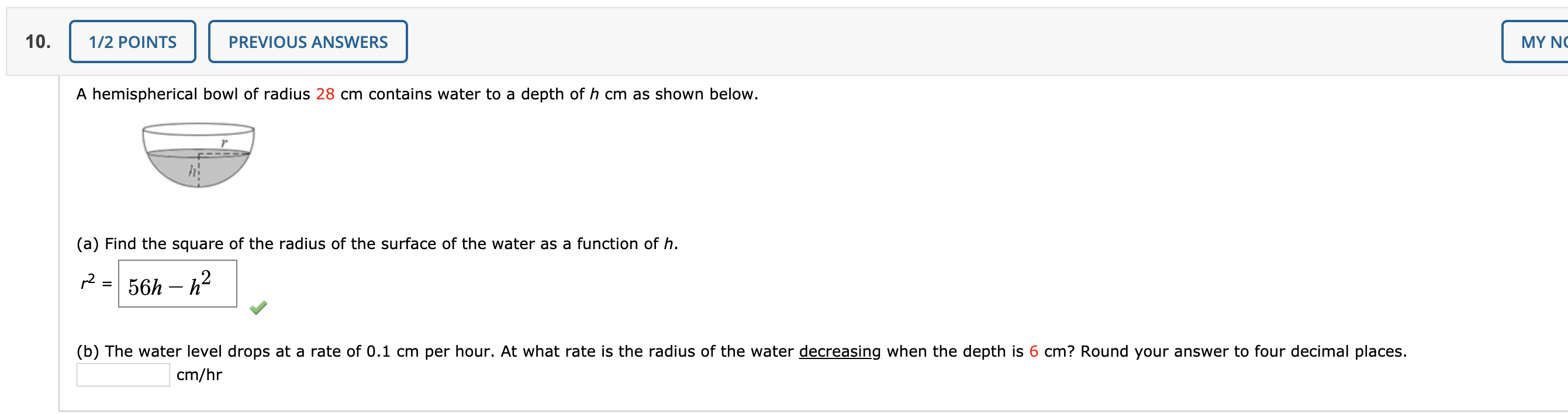 Solved A hemispherical bowl of radius 28 cm contains water | Chegg.com
