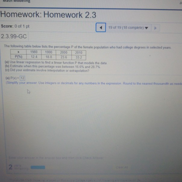 Solved Math Modellng Homework: Homework 2.3 Score: 0 of 1 pt | Chegg.com