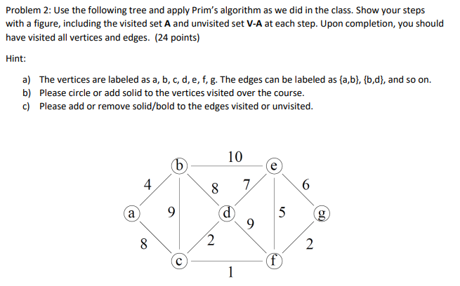 Solved Problem 2: Use the following tree and apply Prim's | Chegg.com