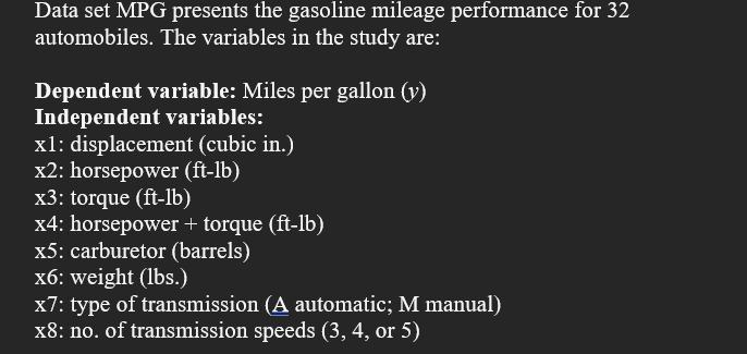 Solved Data set MPG presents the gasoline mileage | Chegg.com