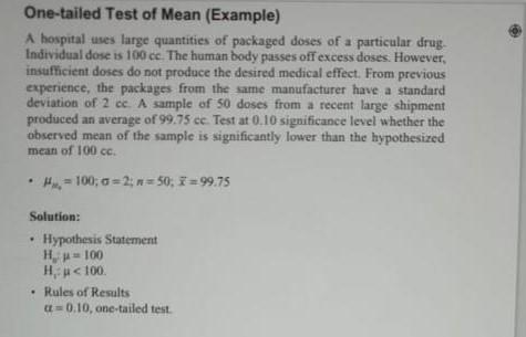 Solved One-tailed Test of Mean (Example) A hospital uses | Chegg.com