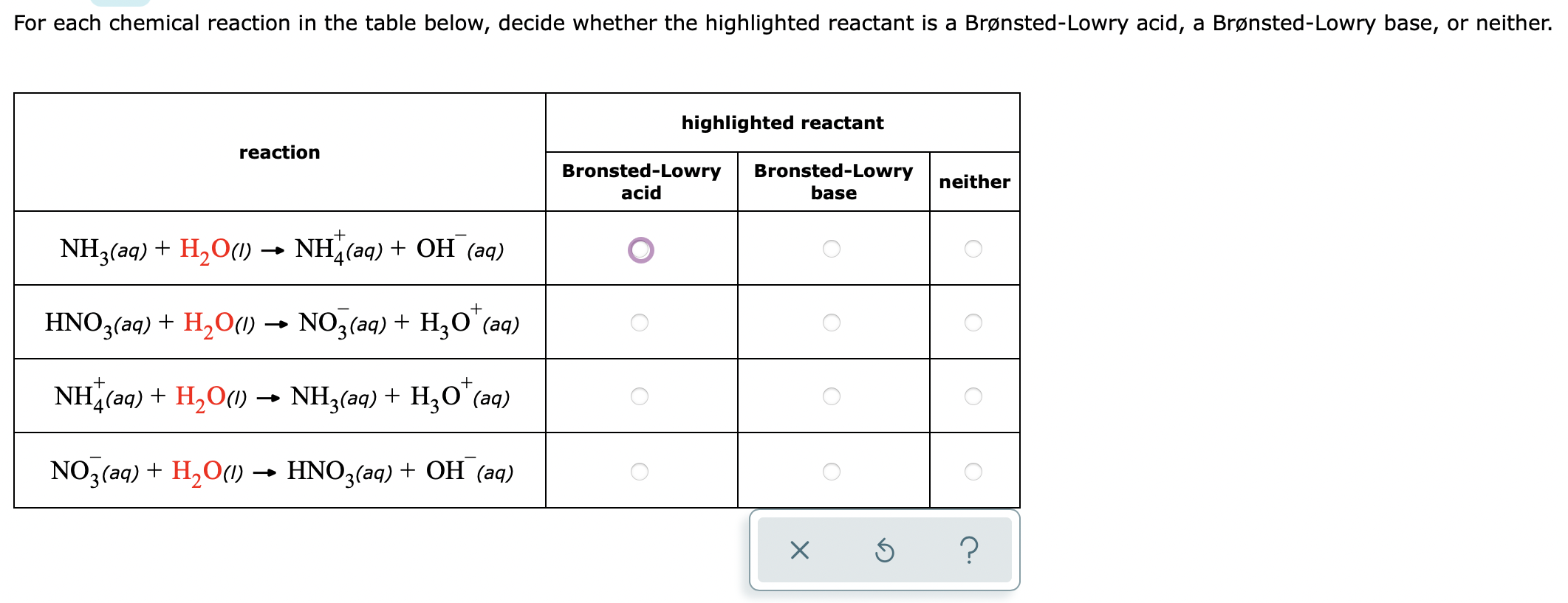 Solved For each chemical reaction in the table below, decide | Chegg.com