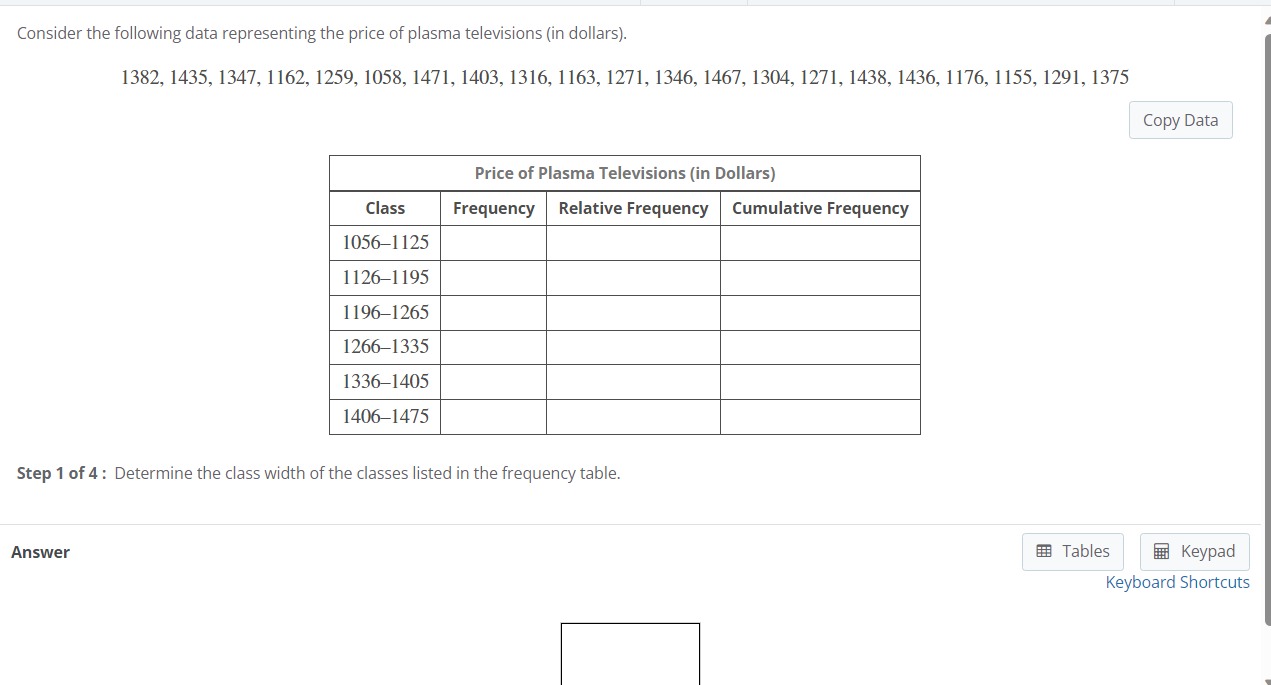 Solved Consider the following data representing the price of | Chegg.com