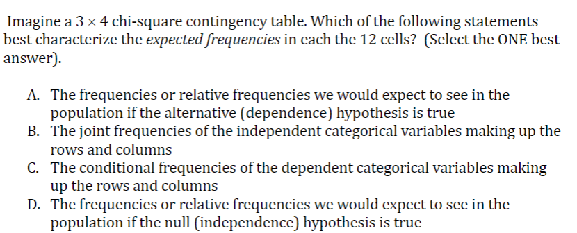 Solved Imagine a 3×4 chi-square contingency table. Which of | Chegg.com