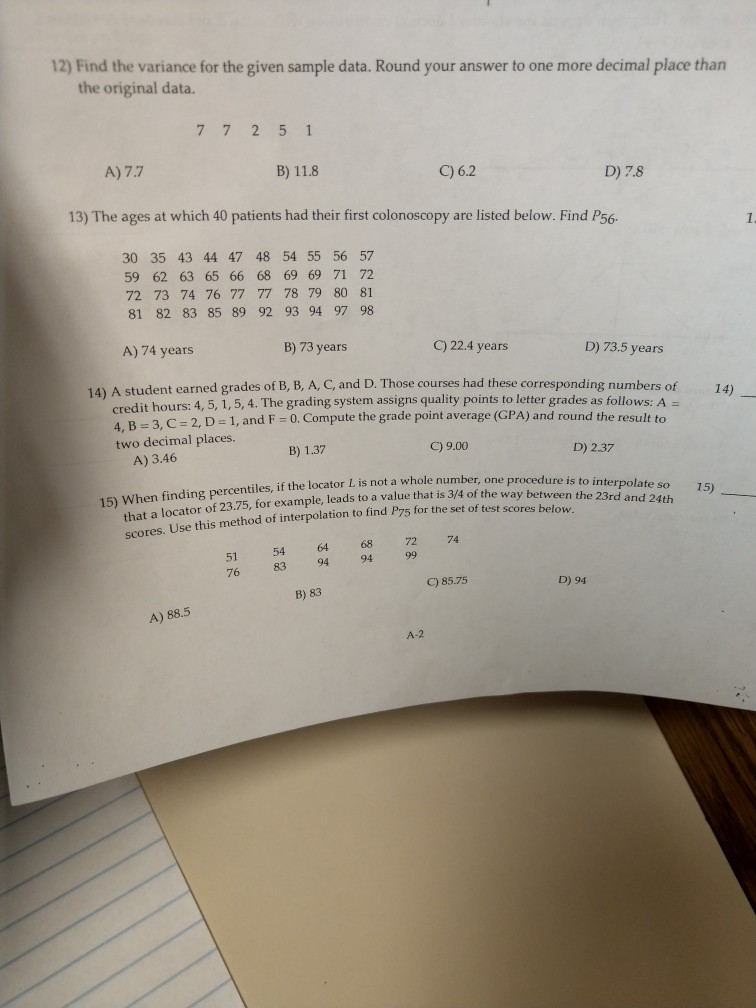 Solved 12) Find the variance for the given sample data. | Chegg.com