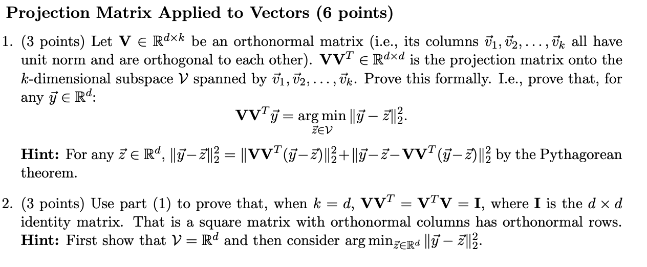 Projection Matrix Applied to Vectors (6 points) 1. (3 | Chegg.com