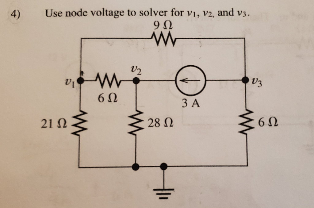 Solved 4) Use node voltage to solver for vi, v2, and v3. 9 Ω | Chegg.com