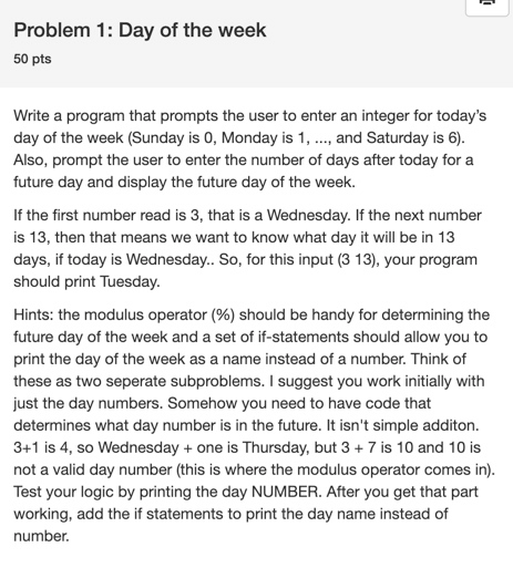 Solved I Problem 1: Day of the week 50 pts Write a program | Chegg.com