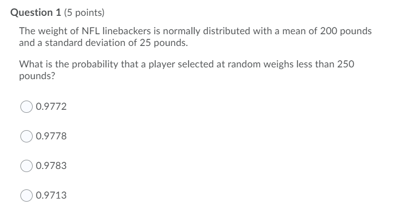Solved Question 1 (5 points) The weight of NFL linebackers | Chegg.com
