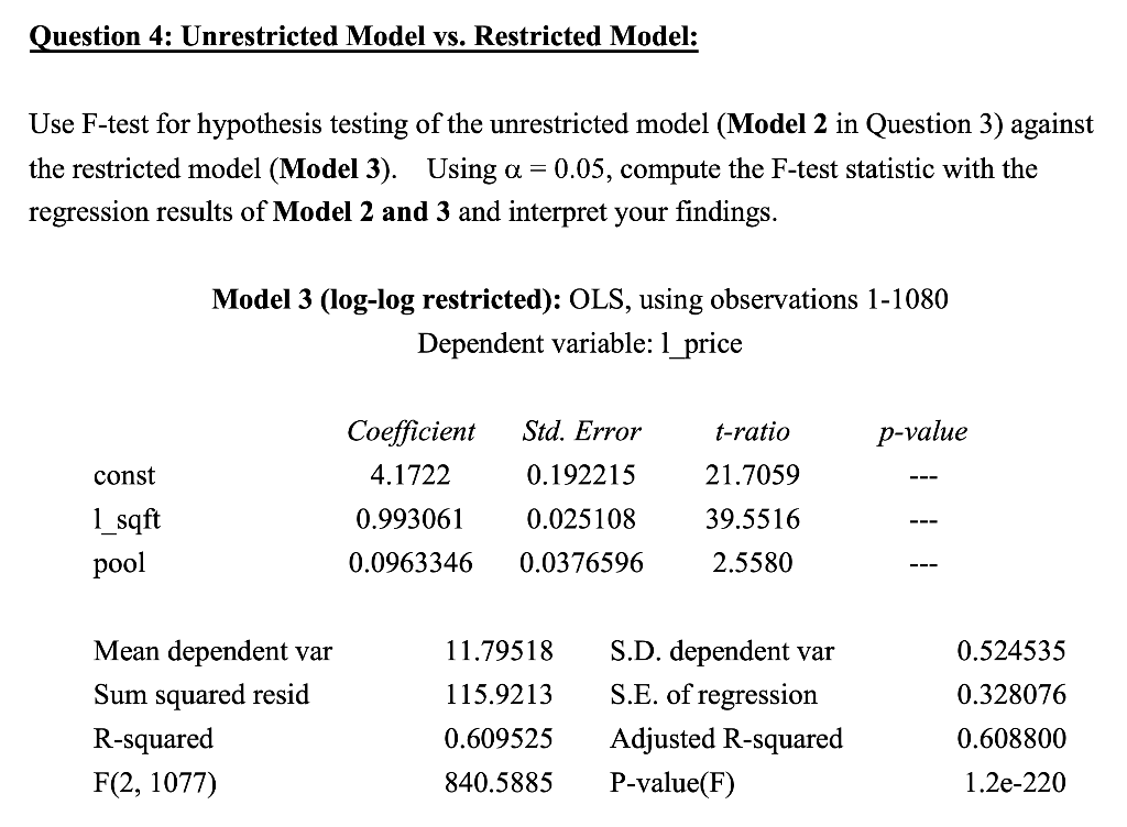 Solved Question 4 Unrestricted Model Vs Restricted Model
