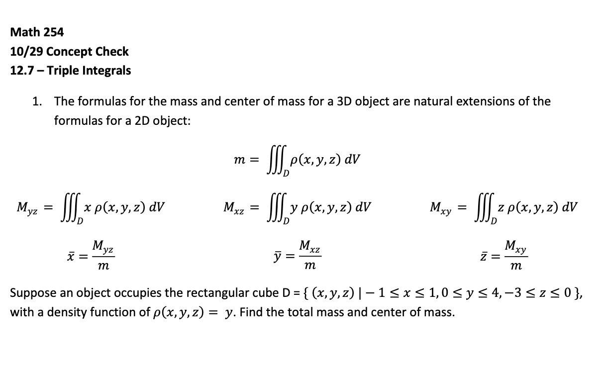 Solved Math 254 10/29 Concept Check 12.7 – Triple Integrals | Chegg.com