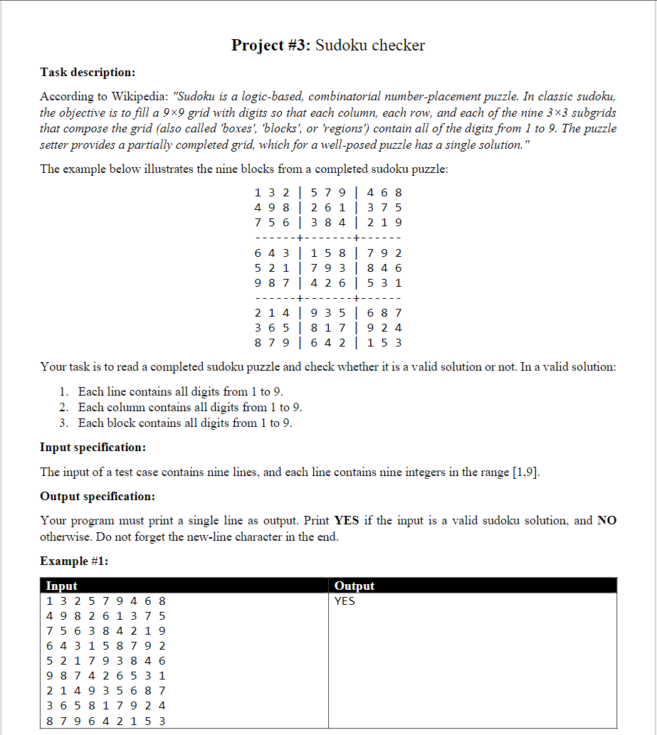 Solved Project #3: Sudoku checker Task description: | Chegg.com