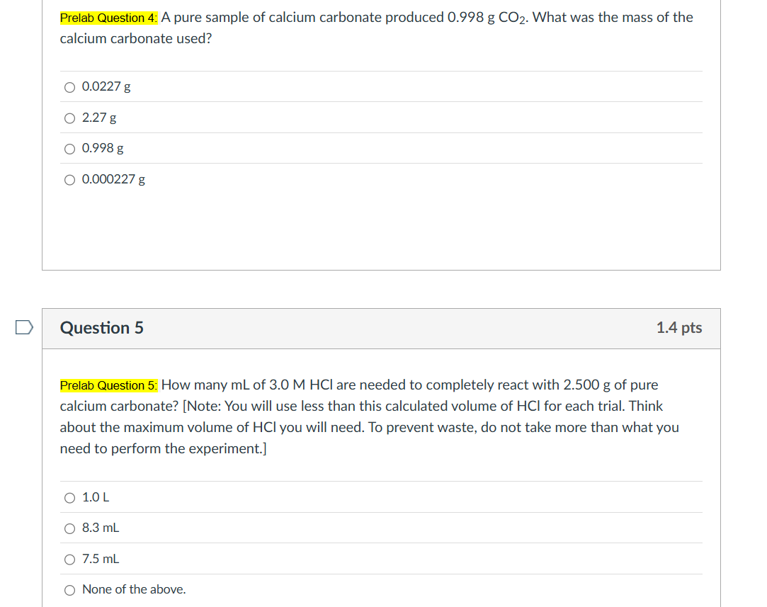 Solved Prelab Question 4: A pure sample of calcium carbonate | Chegg.com