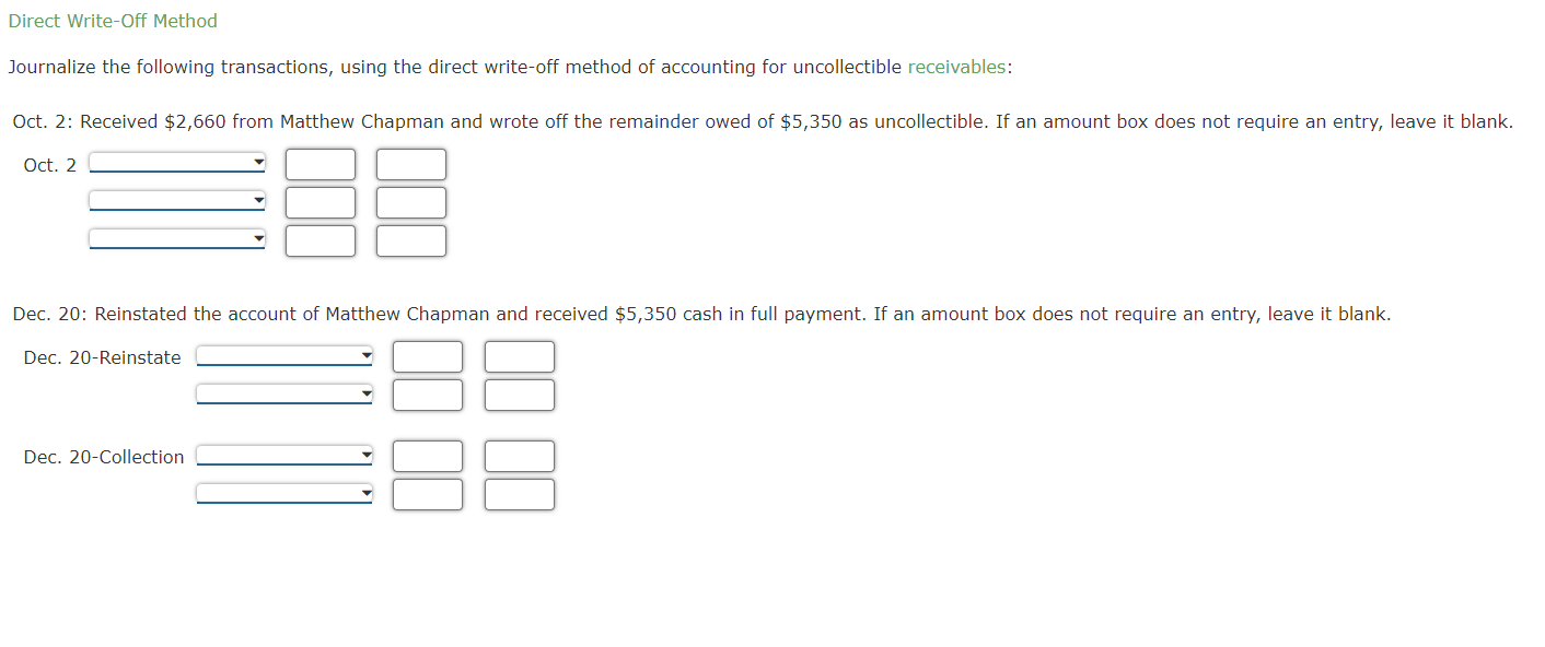 Solved Direct Write-Off Method Journalize the following | Chegg.com