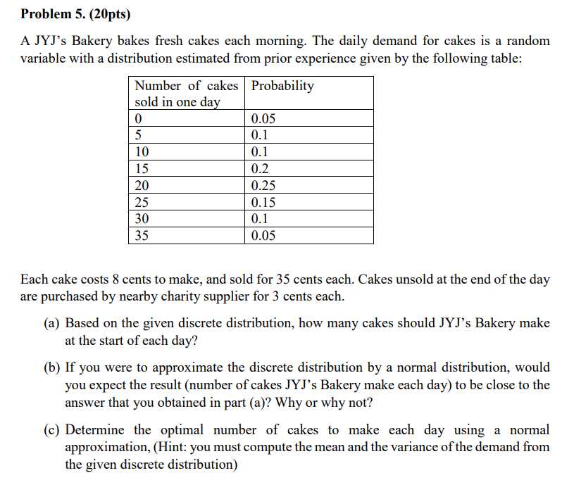 Solved A JYJ's Bakery bakes fresh cakes each morning. The | Chegg.com