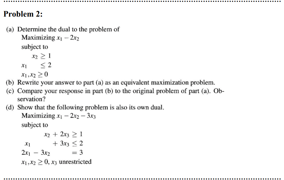 Solved Problem 2:(a) ﻿Determine the dual to the problem of | Chegg.com
