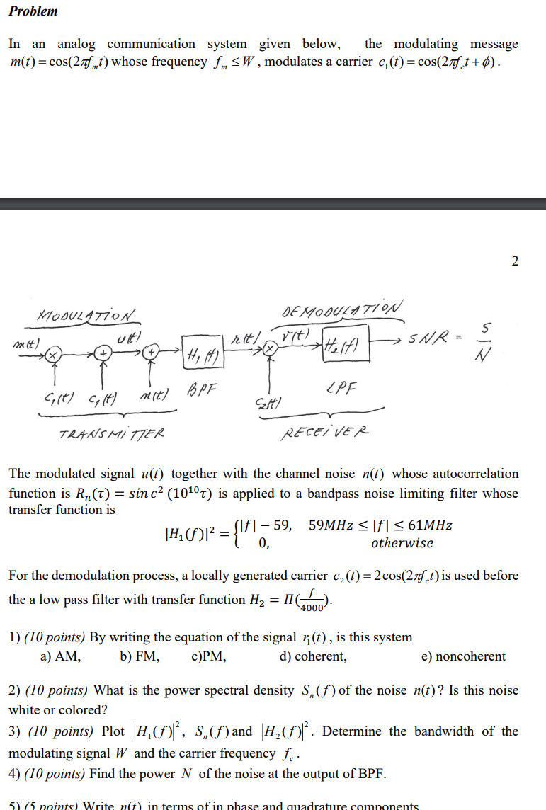 Solved In an analog communication system given below, the | Chegg.com