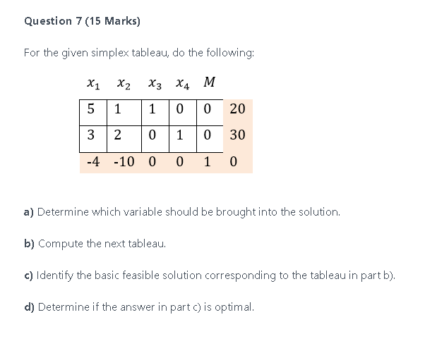 Solved For the given simplex tableau, do the following: a) | Chegg.com