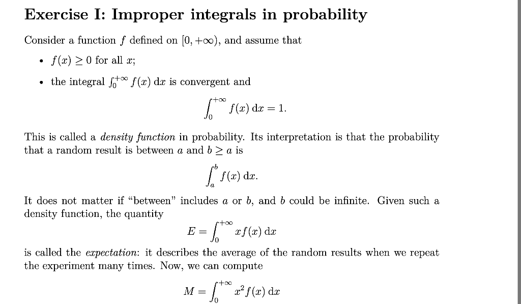 Solved Exercise I: Improper integrals in probability | Chegg.com
