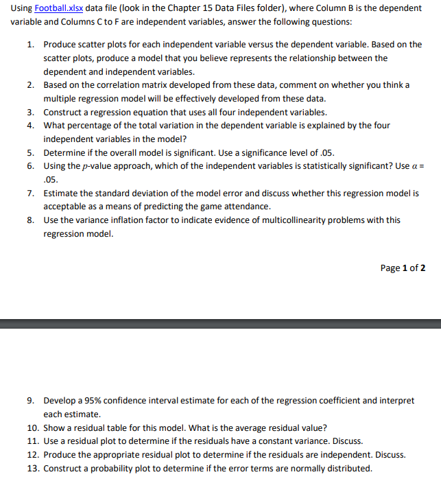 Using Football.xIsx data file (look in the Chapter 15 | Chegg.com
