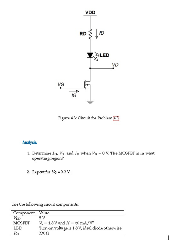 Solved VDD RDID LED VD VG E Figure 4.3: Circuit for Problem | Chegg.com