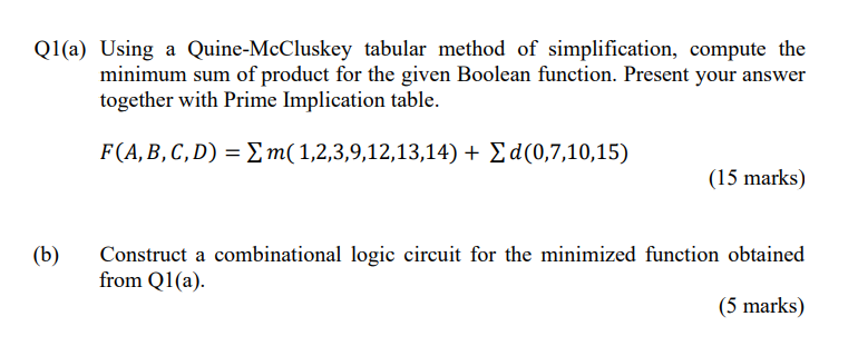 Solved Qla) Using a Quine-McCluskey tabular method of | Chegg.com