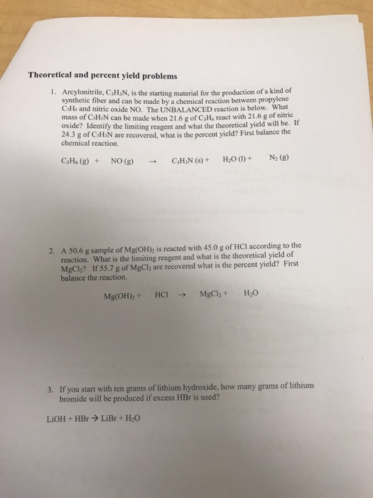 Solved Theoretical and percent yield problems | Chegg.com