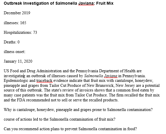Solved Outbreak Investigation of Salmonella Javiana: Fruit | Chegg.com