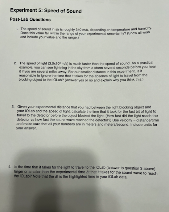 Experiment 5: Speed of Sound Post-Lab Questions 1. | Chegg.com