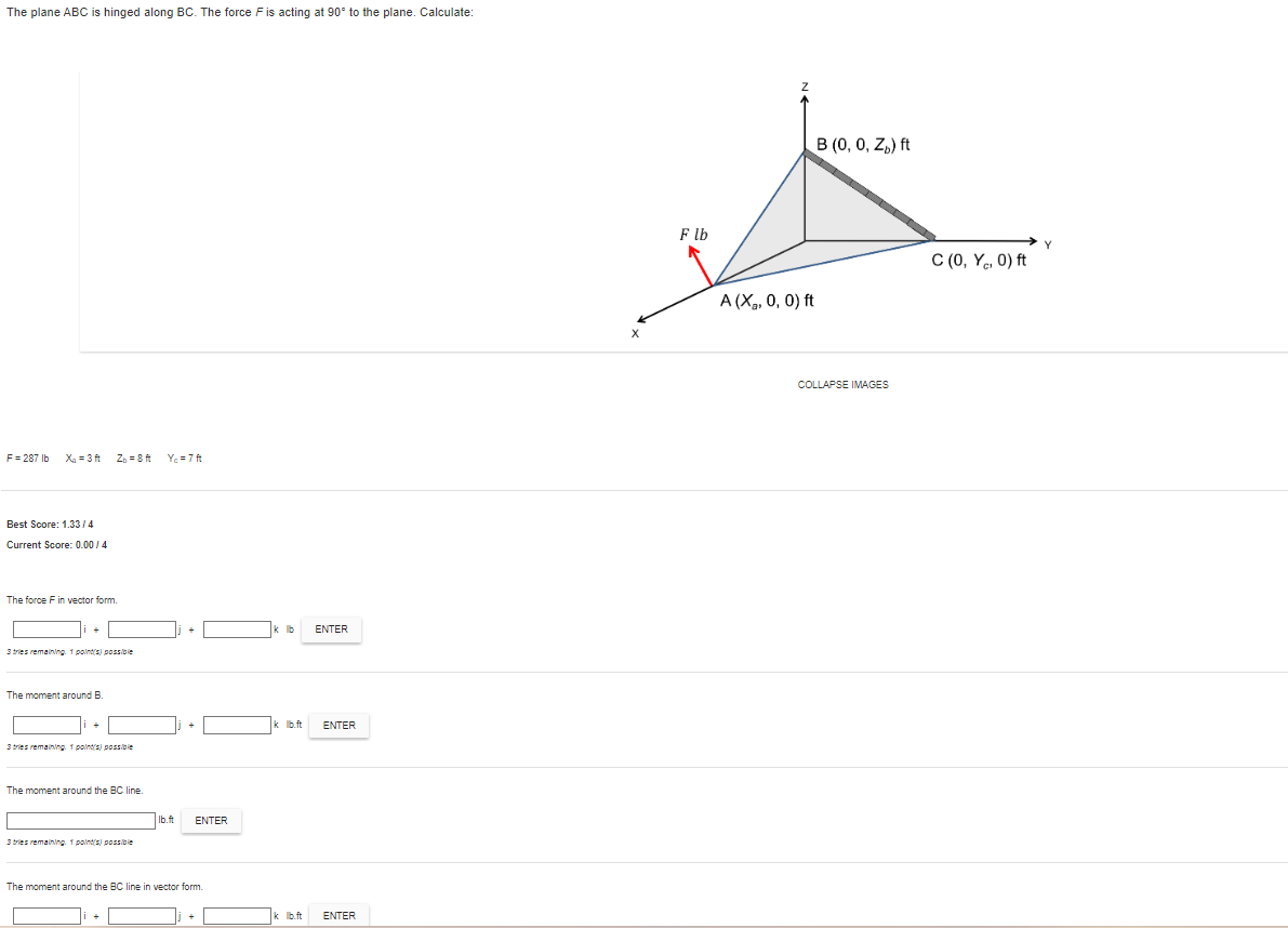 Solved The plane ABC is hinged along BC. The force F is | Chegg.com