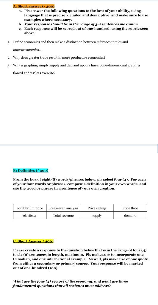 Solved A: Short answer (/300) a. Pls answer the following | Chegg.com