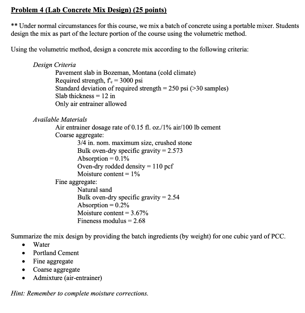 Solved Problem 4 (Lab Concrete Mix Design) (25 points) ** | Chegg.com
