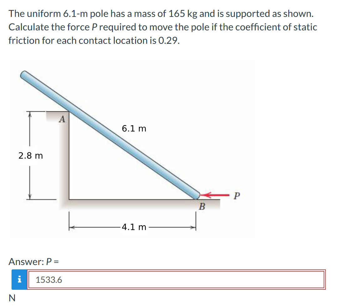 Solved The uniform 6.1-m pole has a mass of 165 kg and is | Chegg.com