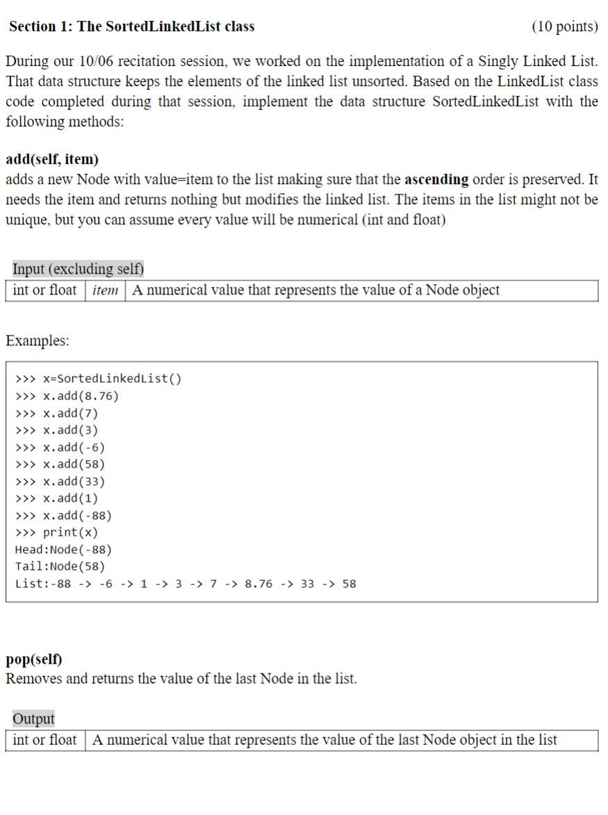 Solved Section 1 The Sortedlinkedlist Class 10 Points 