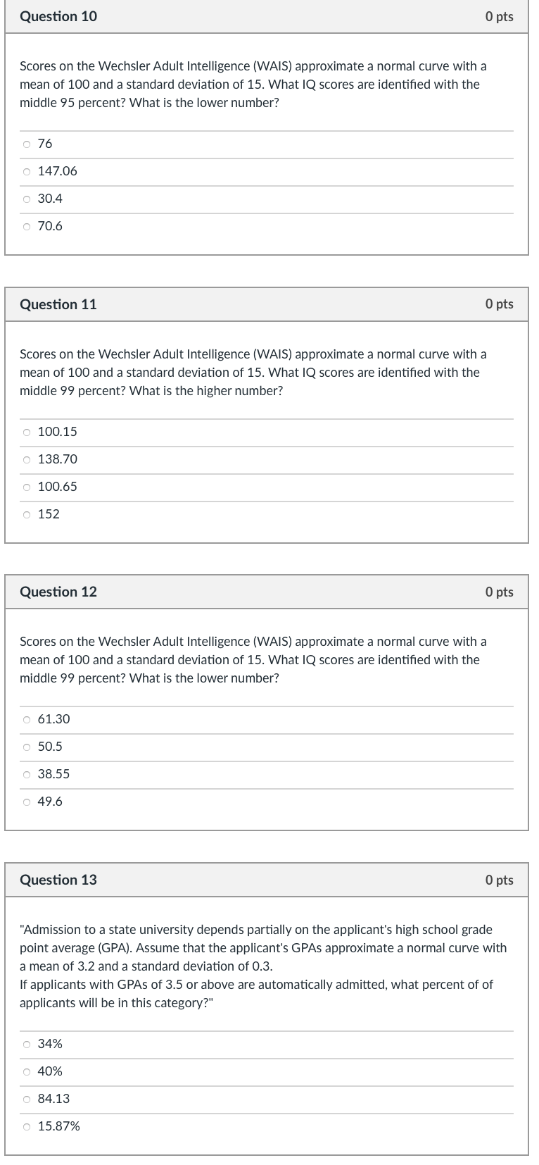 Solved Question 10 O pts Scores on the Wechsler Adult | Chegg.com