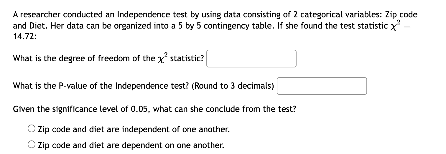 Solved A researcher conducted an Independence test by using | Chegg.com