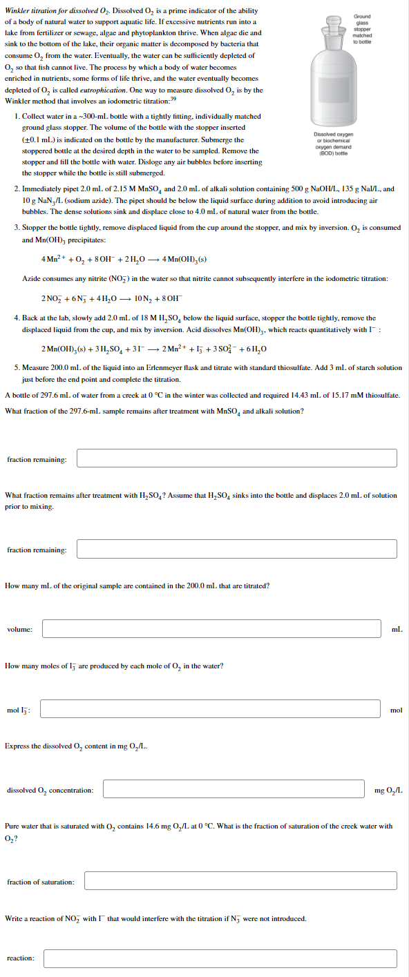 Solved Winkler titration for dissolved O2. Dissolved O2 is a | Chegg.com