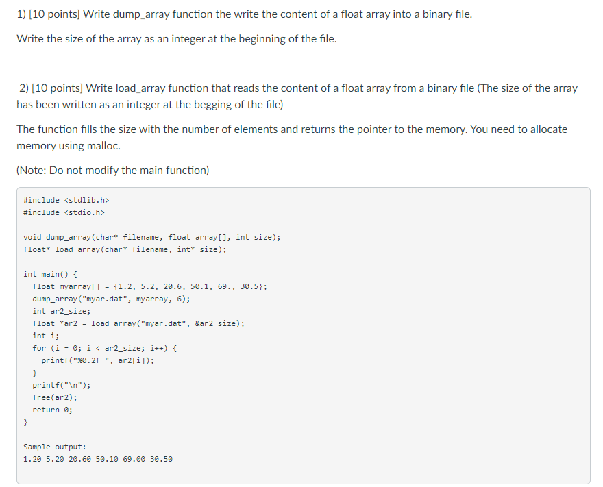 Solved 1) [10 points] Write dump_array function the write | Chegg.com
