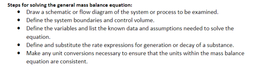 Steps for solving the general mass balance equation: | Chegg.com