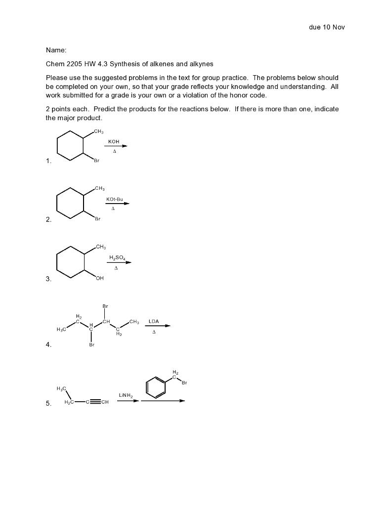 Solved Name: Chem 2205 HW 4.3 Synthesis of alkenes and | Chegg.com