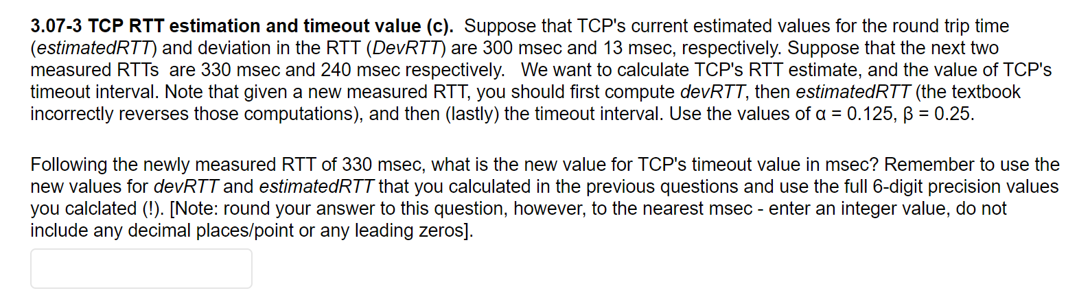Solved 3 07 3 Tcp Rtt Estimation And Timeout Value C