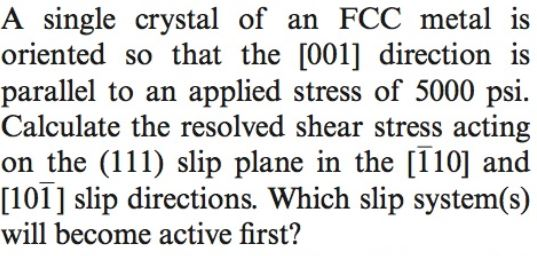 Solved A single crystal of an FCC metal is oriented so that | Chegg.com