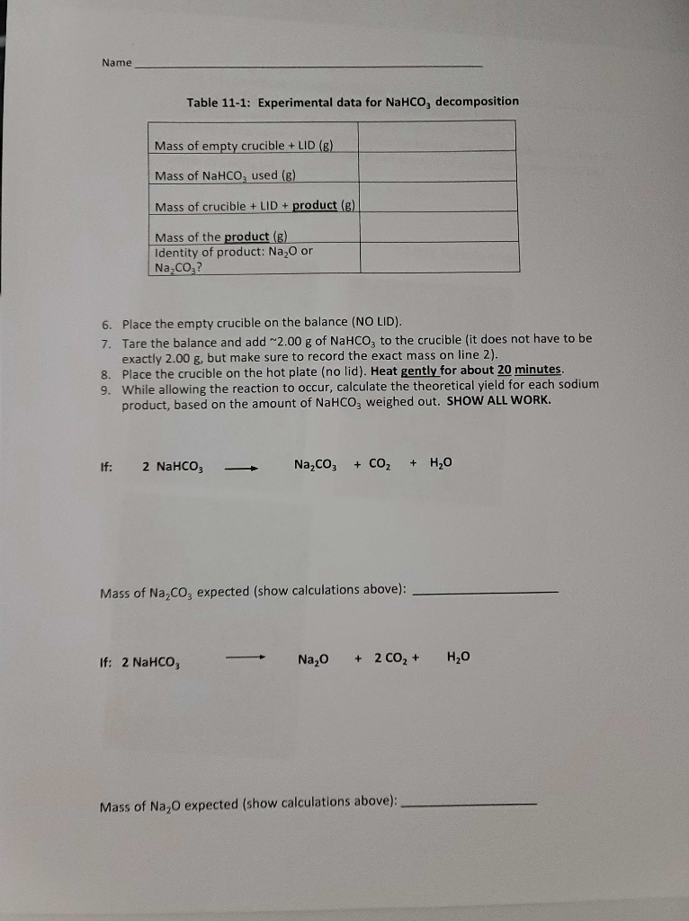 Solved Stoichiometry II: Decomposition of NaHCO3 Objectives | Chegg.com