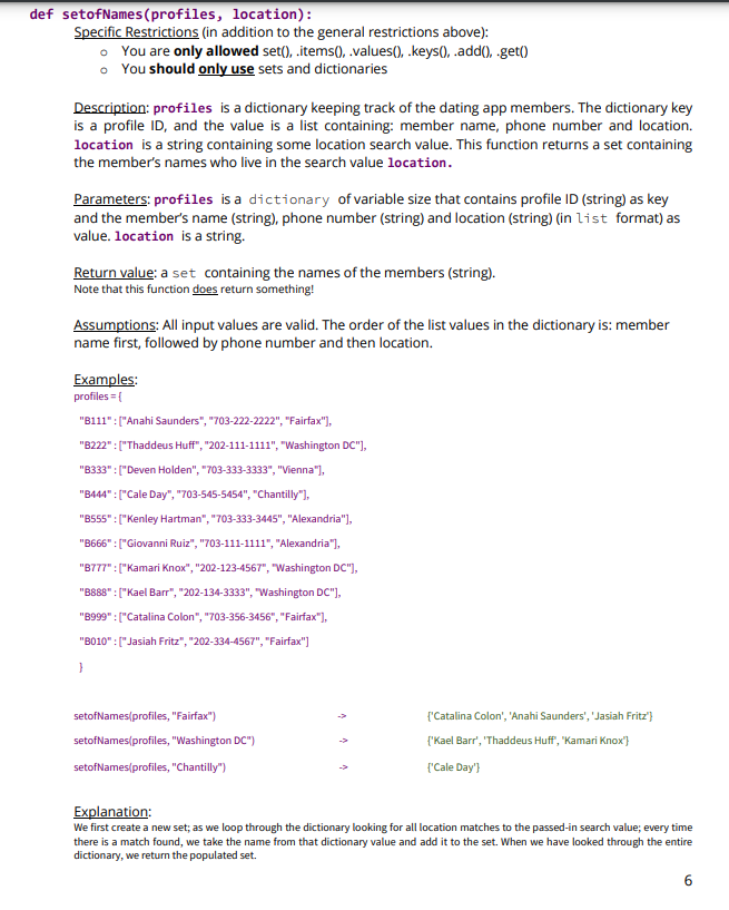 Solved setofNames(profiles, location): Specific Restrictions | Chegg.com