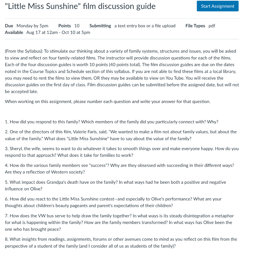 "Little Miss Sunshine" film discussion guide Due | Chegg.com