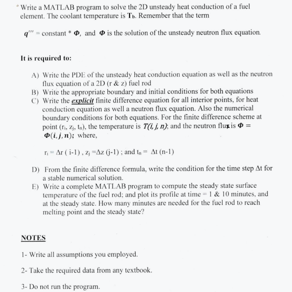 Write a MATLAB program to solve the 2D unsteady heat | Chegg.com