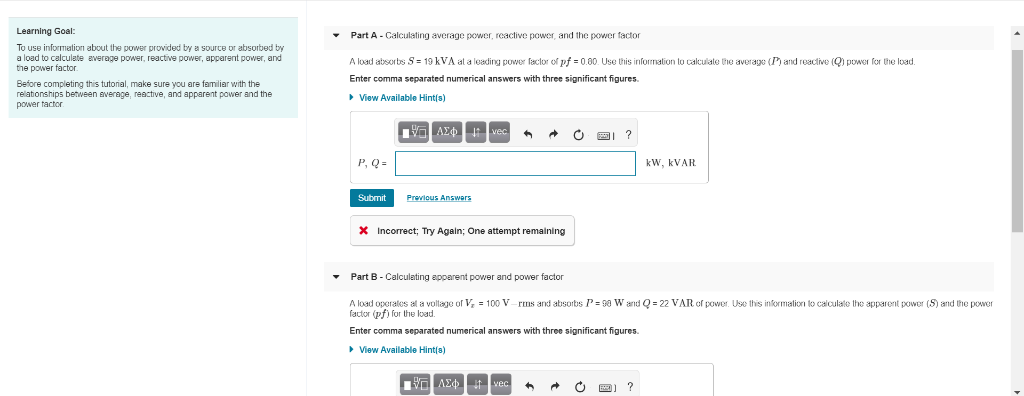 Solved Part A - Calculating average power, reactive power | Chegg.com