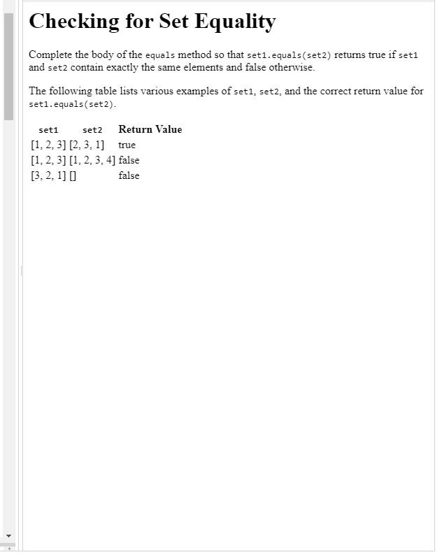 Solved Checking for Set Equality Complete the body of the | Chegg.com