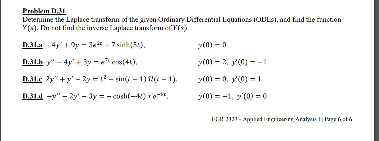 Solved Problem D.31 Determine the Laplace transform of the | Chegg.com